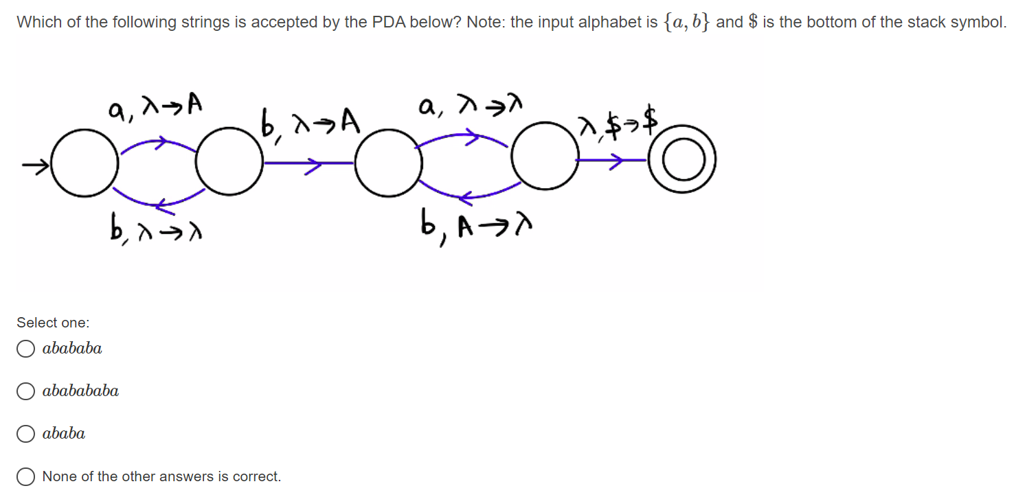 Solved Which of the following strings is accepted by the PDA | Chegg.com