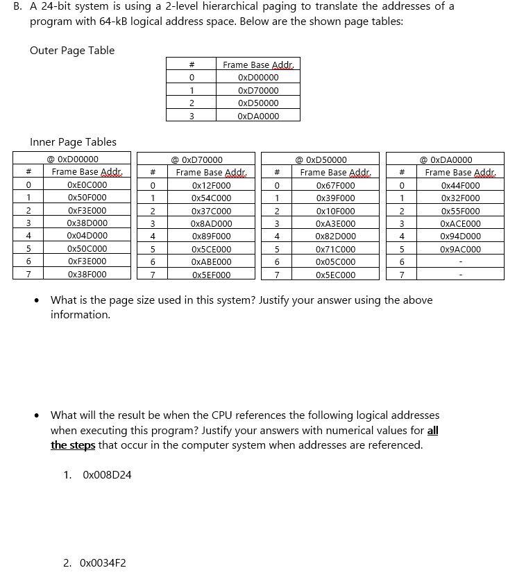 Solved B. A 24-bit system is using a 2-level hierarchical | Chegg.com