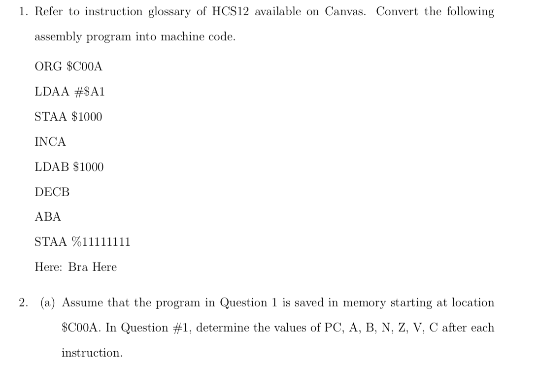 Solved 1. Refer to instruction glossary of HCS12 available | Chegg.com