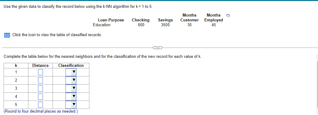 Solved Use the given data to classify the record below using | Chegg.com
