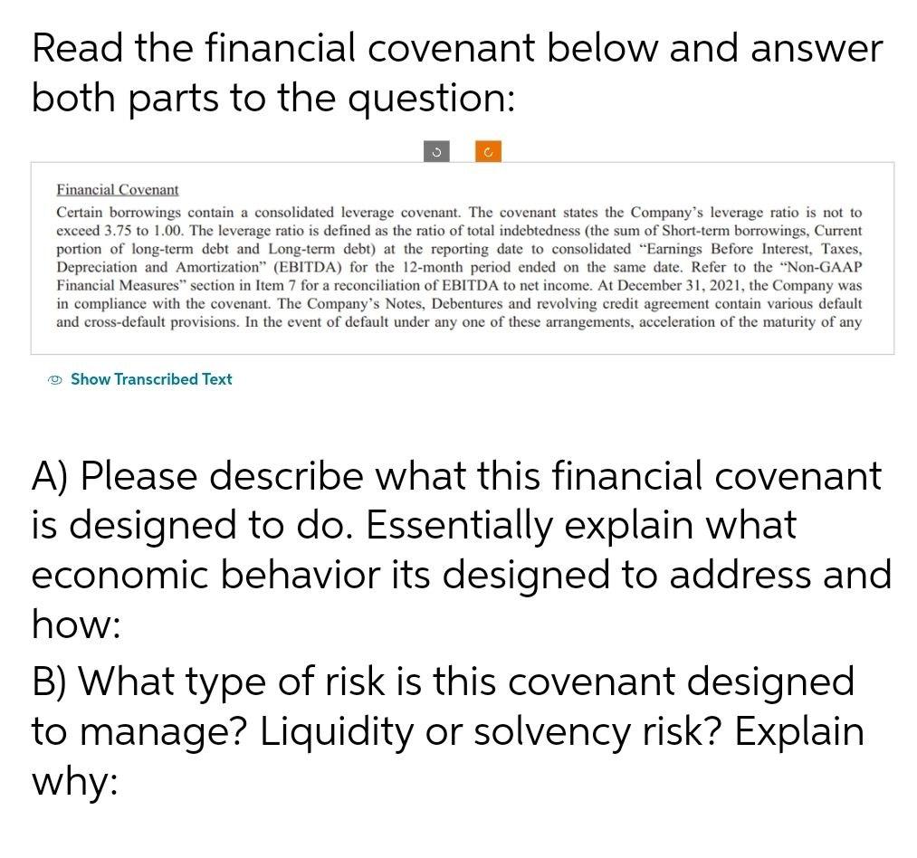 Solved Read the financial covenant below and answer both | Chegg.com