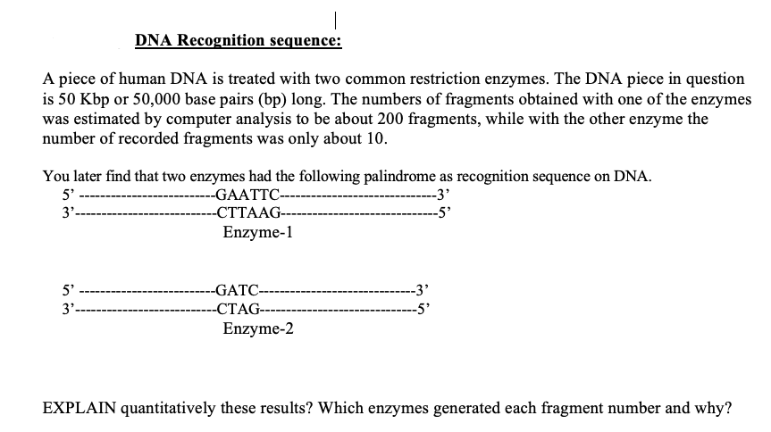 Solved DNA Recognition sequence: A piece of human DNA is | Chegg.com