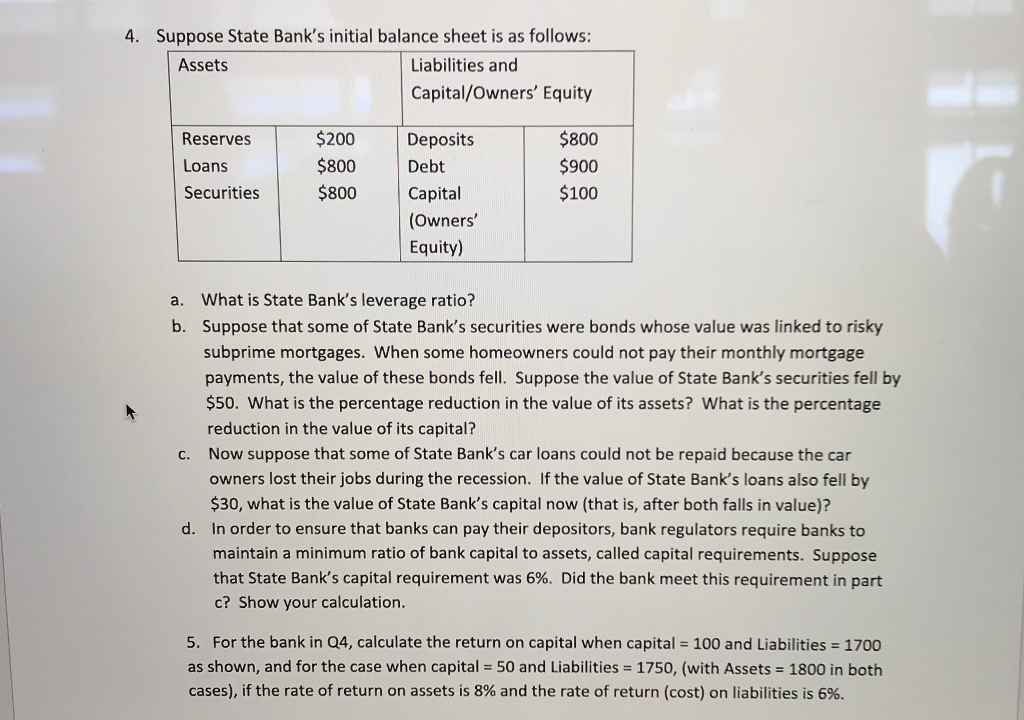 Solved 4. Suppose State Bank's initial balance sheet is as | Chegg.com