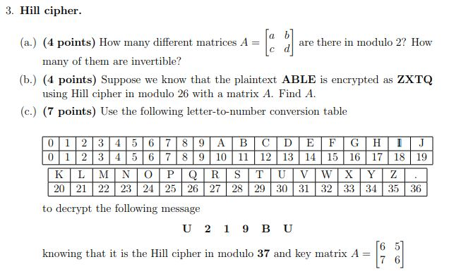 Solved 3. Hill cipher (a.) (4 points) How many different | Chegg.com