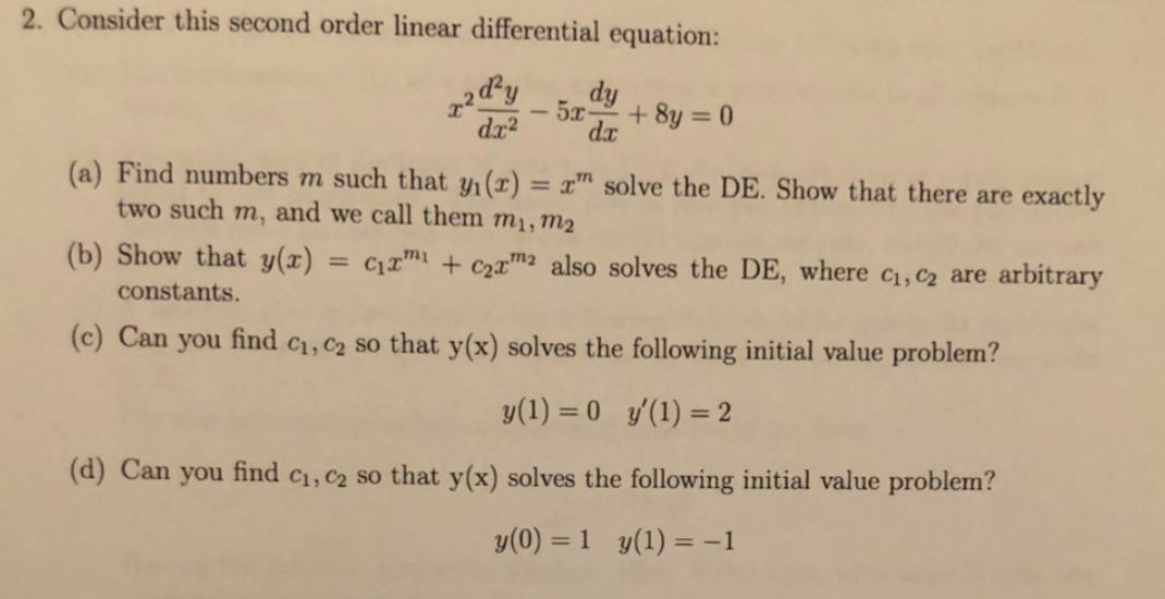 Solved 2. Consider this second order linear differential | Chegg.com