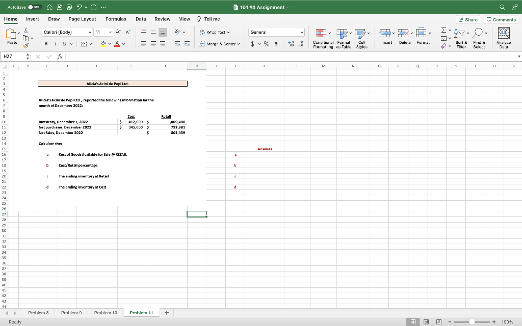 Solved Home Insert Draw Page Layout 1 2 3 H27 4 5 7 8 9 10 | Chegg.com
