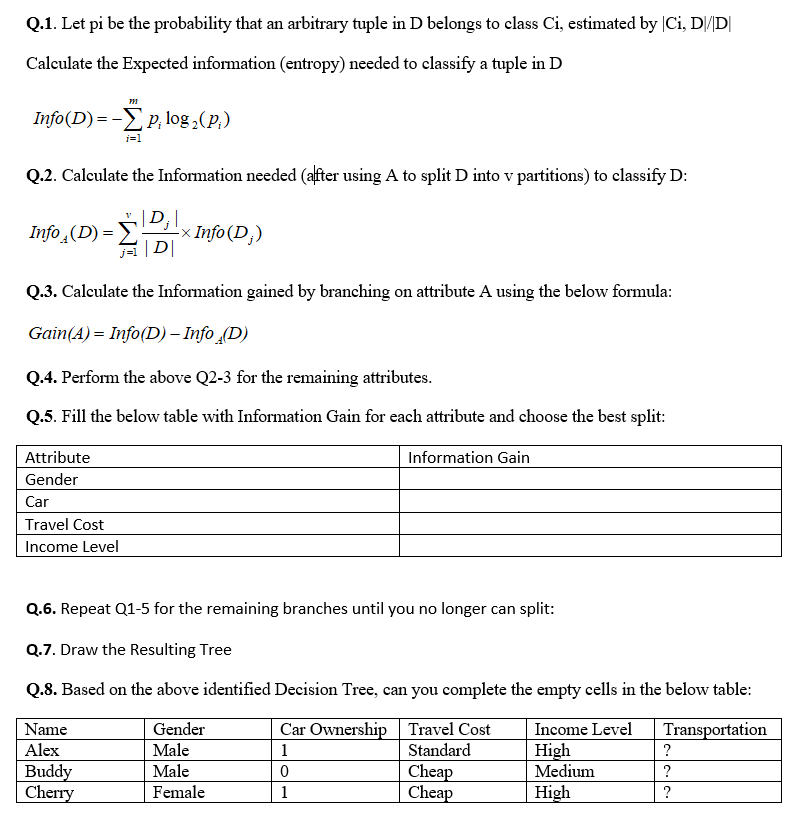 Solved [DECISION TREE INDUCTION: ID3 CLASSIFICATION] To Do: | Chegg.com