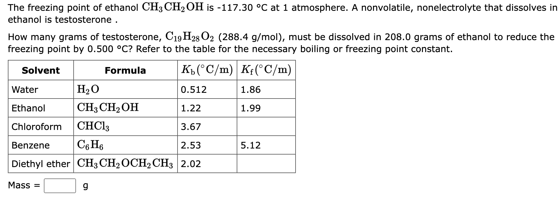 Solved The freezing point of ethanol CH3CH2OH is −117.30∘C | Chegg.com
