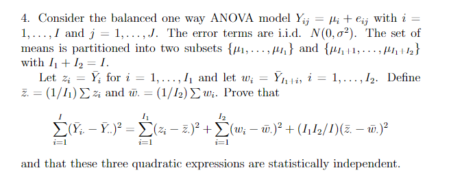 9 4. Consider the balanced one way ANOVA model Yij = | Chegg.com