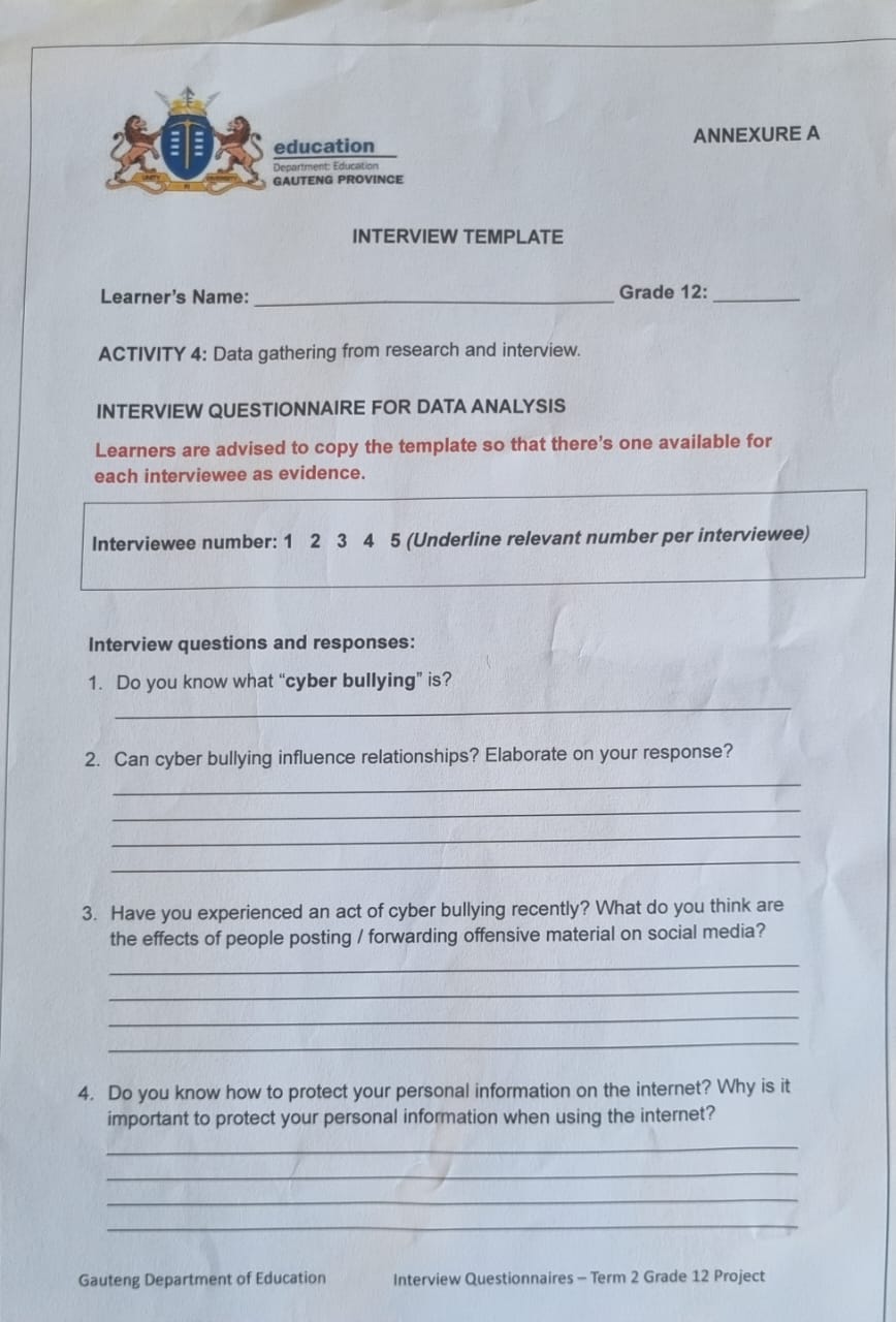 Solved INTERVIEW TEMPLATELearner's Name: Grade 12:ACTIVITY | Chegg.com