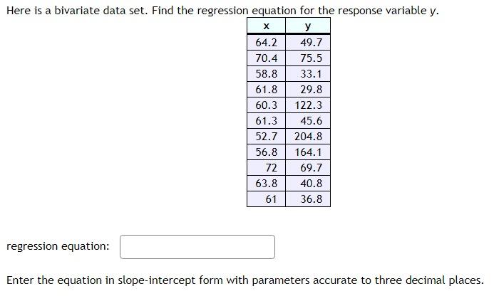 Solved х Here is a bivariate data set. Find the regression | Chegg.com