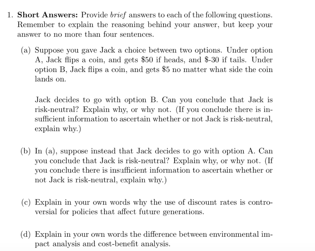 Solved Short Answers: Provide brief answers to each of the | Chegg.com