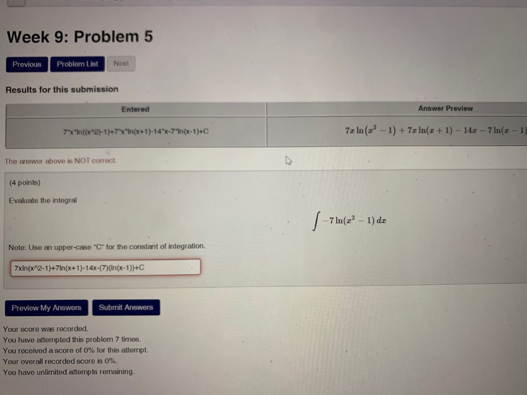 Solved Week 9: Problem 5 Previous Problem List Next Results | Chegg.com