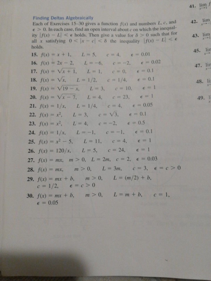 Solved 41. lim Finding Deltas Algebraically Each of | Chegg.com