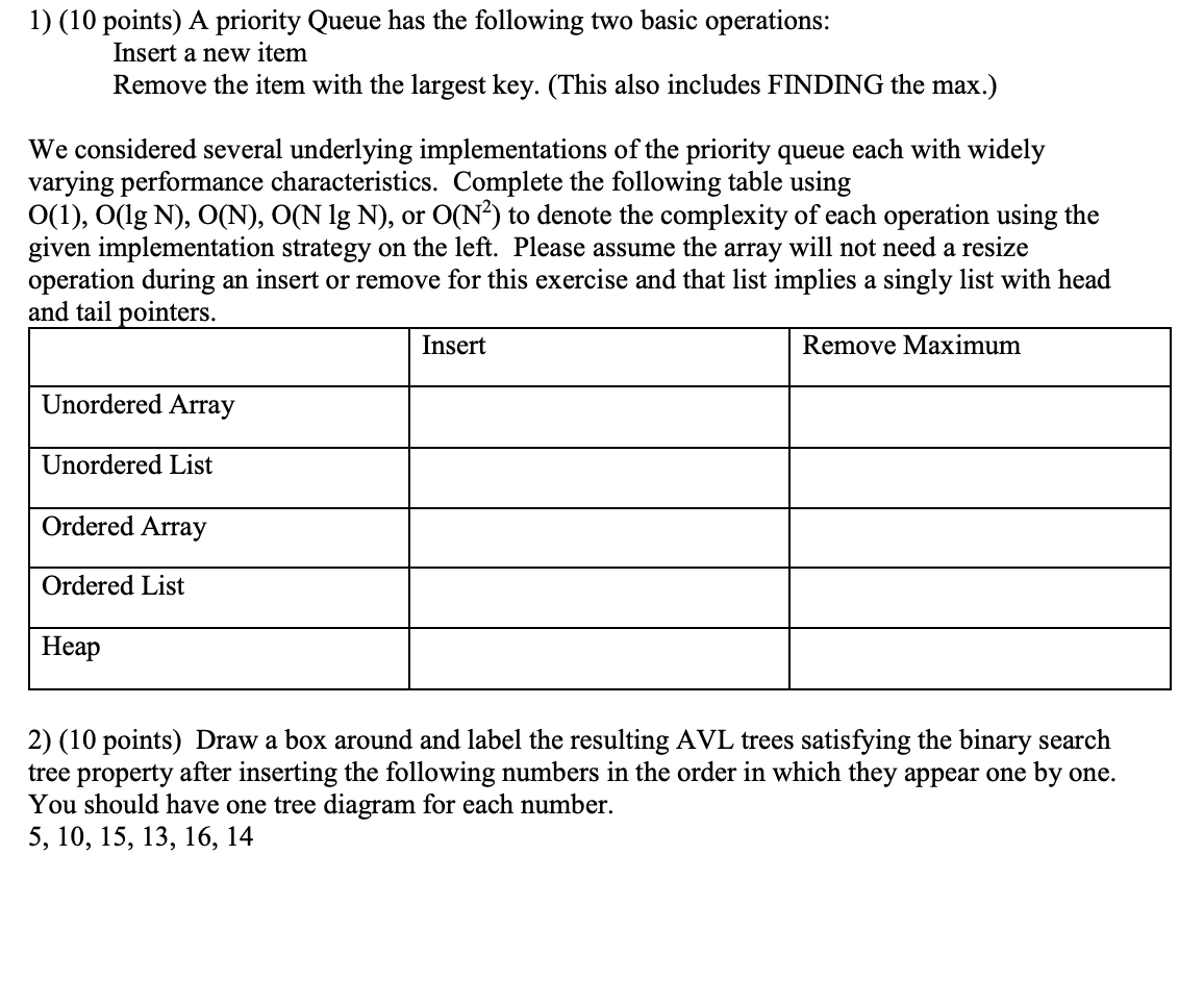 Solved 1) (10 points) A priority Queue has the following two | Chegg.com