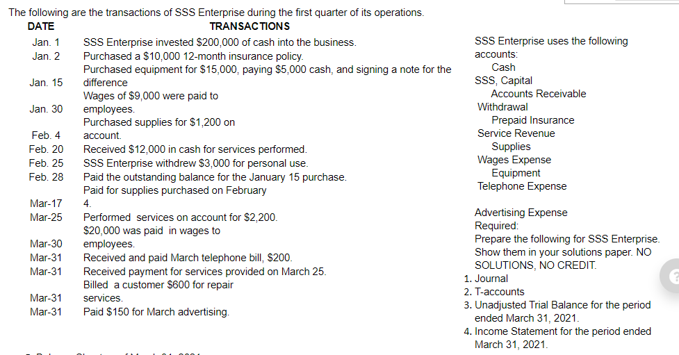 Solved The following are the transactions of SSS Enterprise | Chegg.com