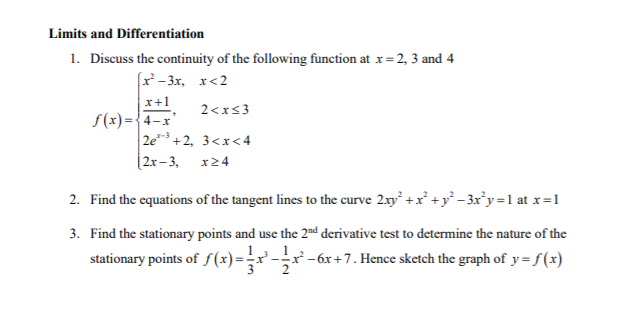 Solved Limits and Differentiation 1. Discuss the continuity | Chegg.com