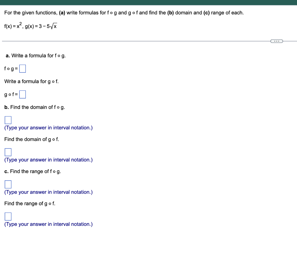 Solved For the given functions, (a) write formulas for f∘g | Chegg.com