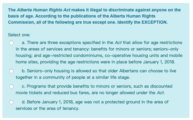 Solved The Alberta Human Rights Act makes it illegal to | Chegg.com
