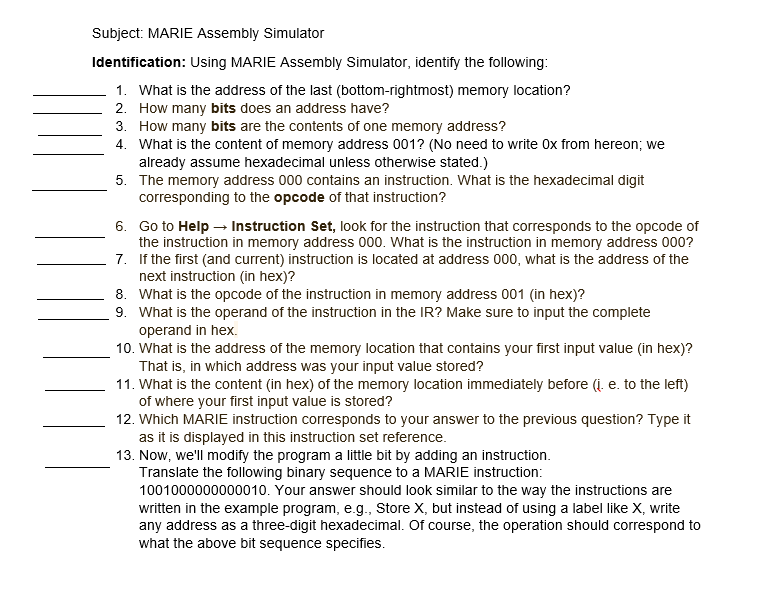 Solved Subject: MARIE Assembly Simulator Identification: | Chegg.com