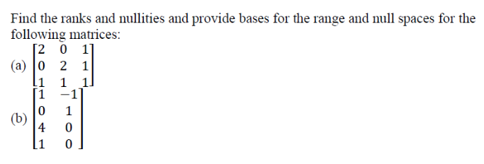 Solved Find the ranks and nullities and provide bases for | Chegg.com