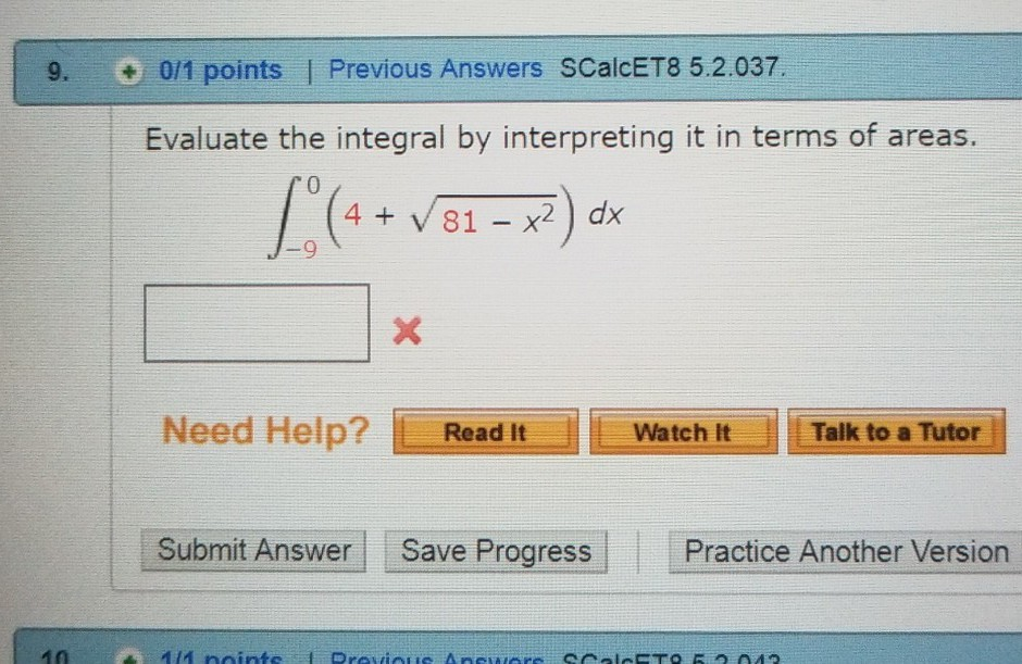 Solved 9. 0/1 points Previous Answers SCalcET8 5.2.037. | Chegg.com