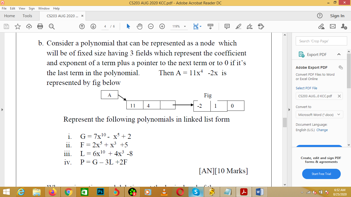 Solved х CS203 AUG 2020 KCC.pdf - Adobe Acrobat Reader DC | Chegg.com