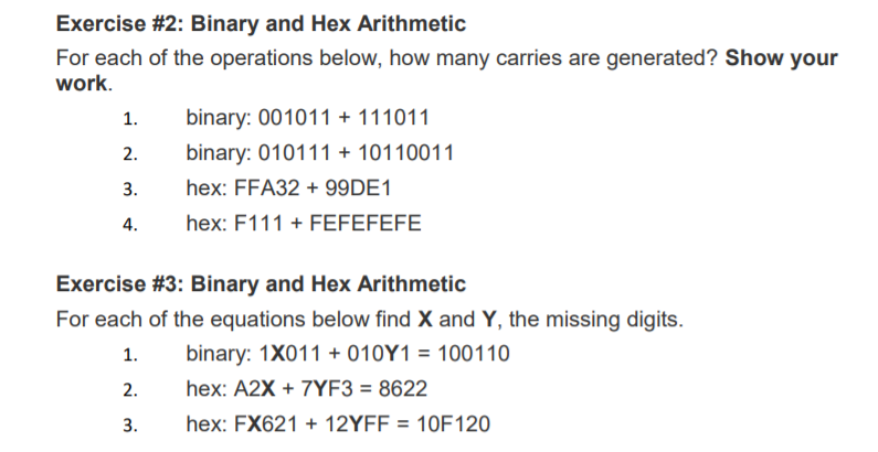 Solved Exercise #2: Binary and Hex Arithmetic For each of | Chegg.com