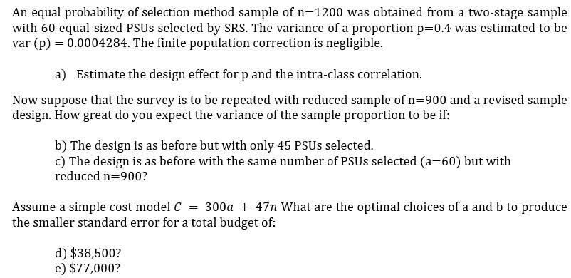 An equal probability of selection method sample of | Chegg.com