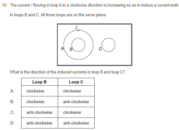 Solved 10. The current /flowing in loop A in a clockwise | Chegg.com