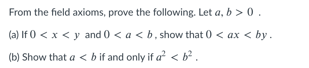 Solved From the field axioms, prove the following. Let a, b | Chegg.com