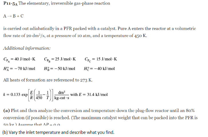 Solved P11- 5A The elementary, irreversible gas-phase | Chegg.com