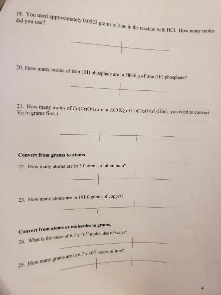 Solved 19. You used approximately 0.0523 grams of zinc in | Chegg.com