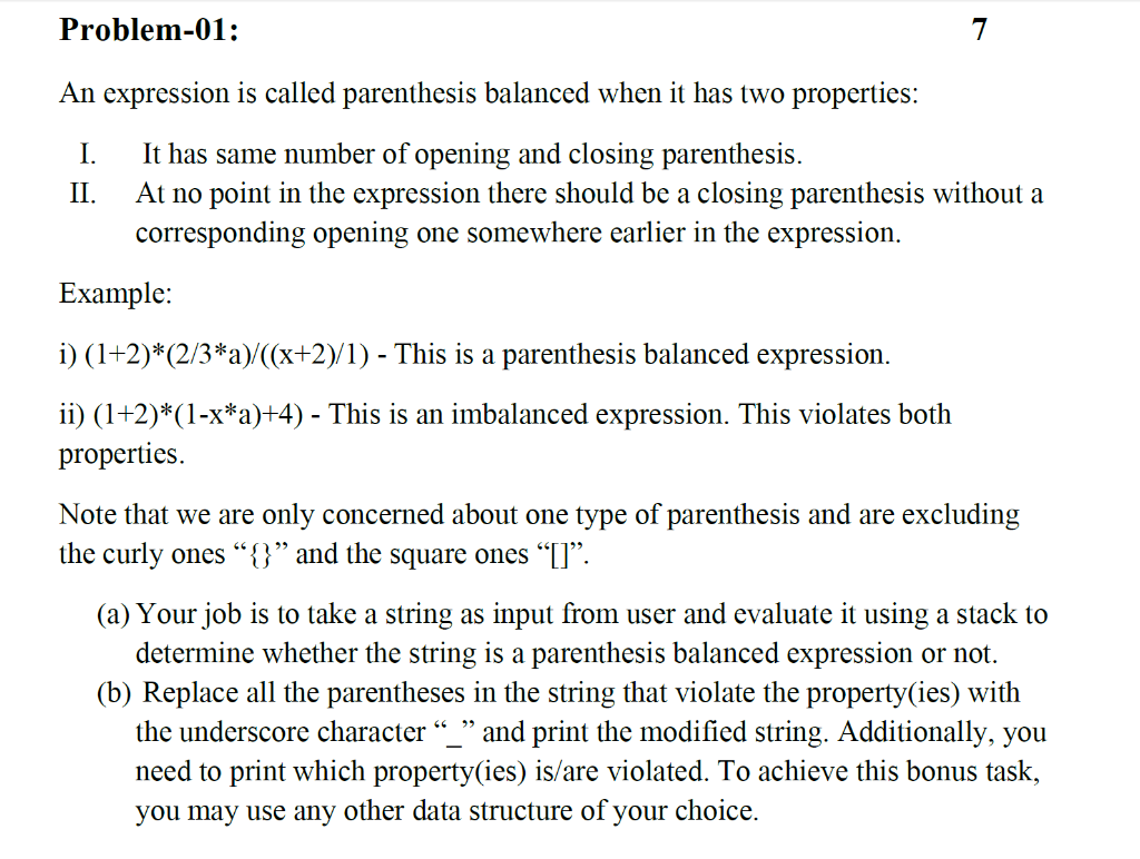 Solved Problem-01: 7 An expression is called parenthesis | Chegg.com