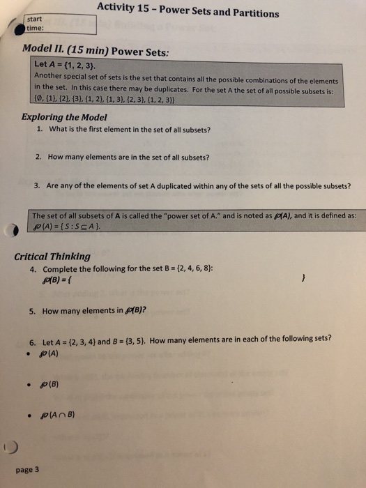Solved Activity 15-Power Sets and Partitions start time: | Chegg.com