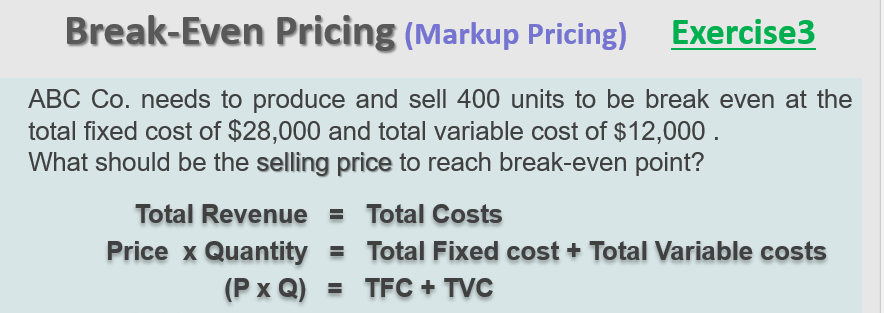 Solved Break-Even Pricing (Markup Pricing) Exercise3 ABC Co. | Chegg.com