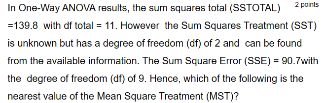 Solved In One-Way ANOVA results, the sum squares total | Chegg.com