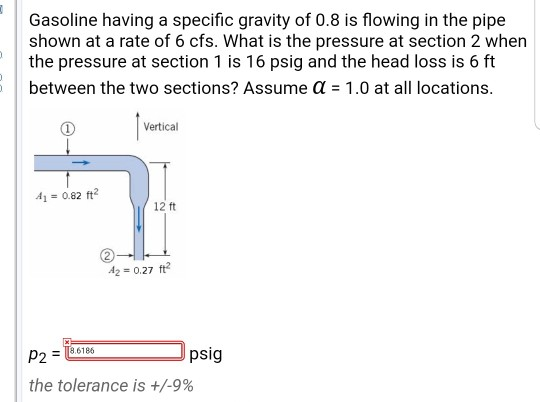 Solved Gasoline having a specific gravity of 0.8 is flowing | Chegg.com