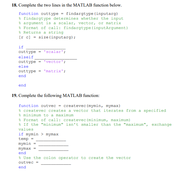 Solved 18. Complete the two lines in the MATLAB function | Chegg.com