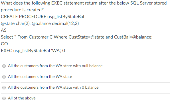 Solved What does the following EXEC statement return after | Chegg.com