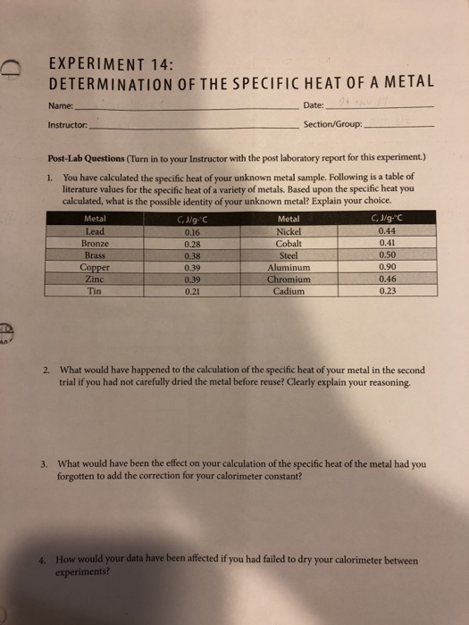 EXPERIMENT 14: DETERMINATION OF THE SPECIFIC HEAT OF | Chegg.com