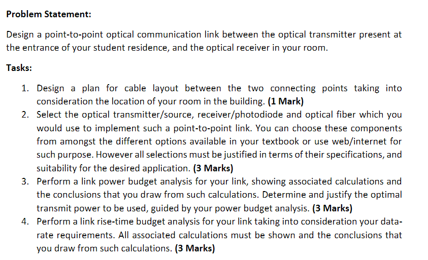 Problem Statement: Design a point-to-point optical | Chegg.com