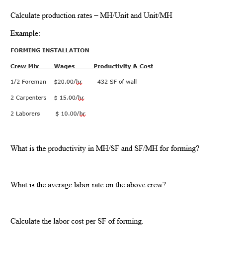 Solved Calculate production rates - MH/Unit and Unit/MH | Chegg.com
