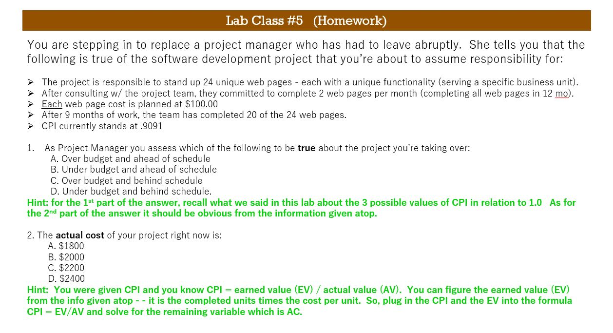 Solved Lab Class #5 (Homework) You are stepping in to | Chegg.com