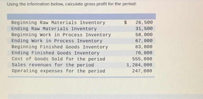 Solved Using the information below, calculate gross profit | Chegg.com