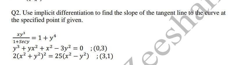 Solved Q2. Use implicit differentiation to find the slope of | Chegg.com