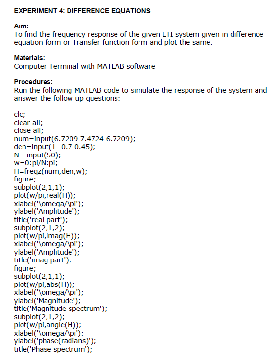 Solved EXPERIMENT 4: DIFFERENCE EQUATIONS Aim: To find the | Chegg.com