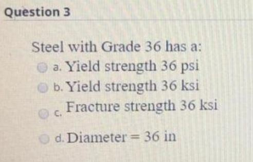 Solved Question 3 Steel with Grade 36 has a: a. Yield | Chegg.com