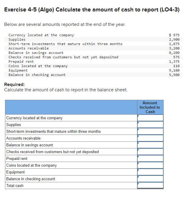 Solved Exercise 4-5 (Algo) Calculate the amount of cash to | Chegg.com