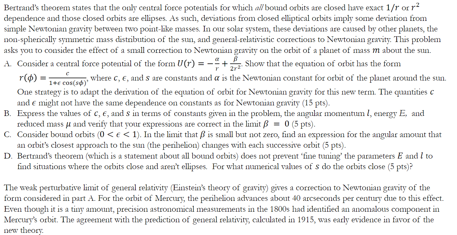 Solved 1 2r2 с Bertrand's theorem states that the only | Chegg.com